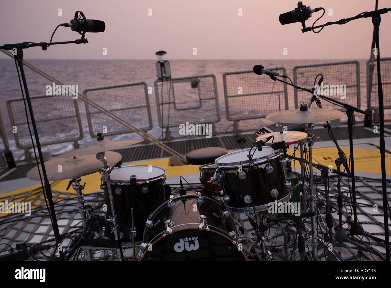Musical instruments set up on the deck of a ship, at sea Stock Photo ...