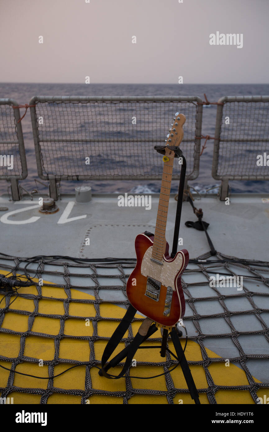 Musical instruments set up on the deck of a ship, at sea Stock Photo ...