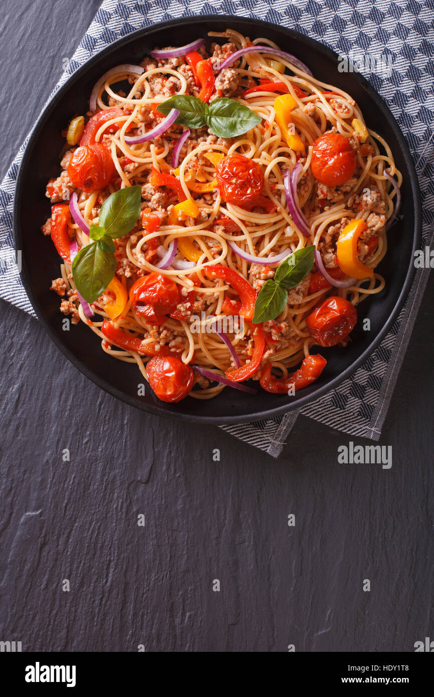 Italian spaghetti with minced meat and vegetables. vertical top view ...