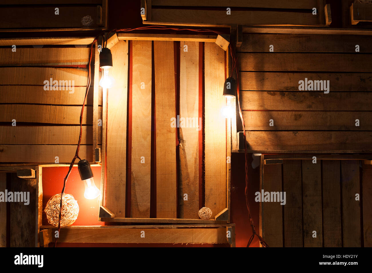 decor of wooden boxes and lights in the Studio Stock Photo - Alamy