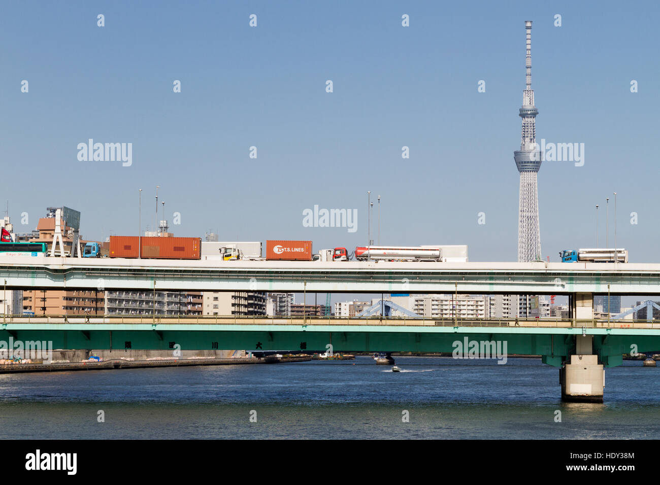 Tokyo Skytree seen behind expressway bridges in Tokyo, Japan Stock ...