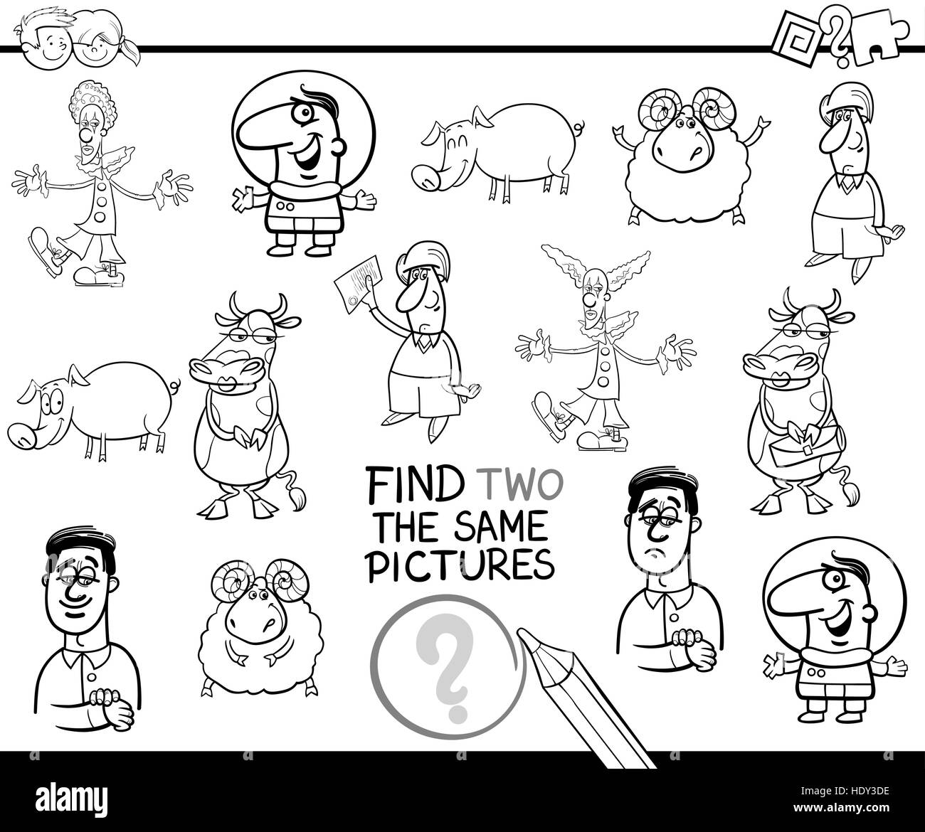 Black and White Cartoon Illustration of Find Identical Pair of Images ...