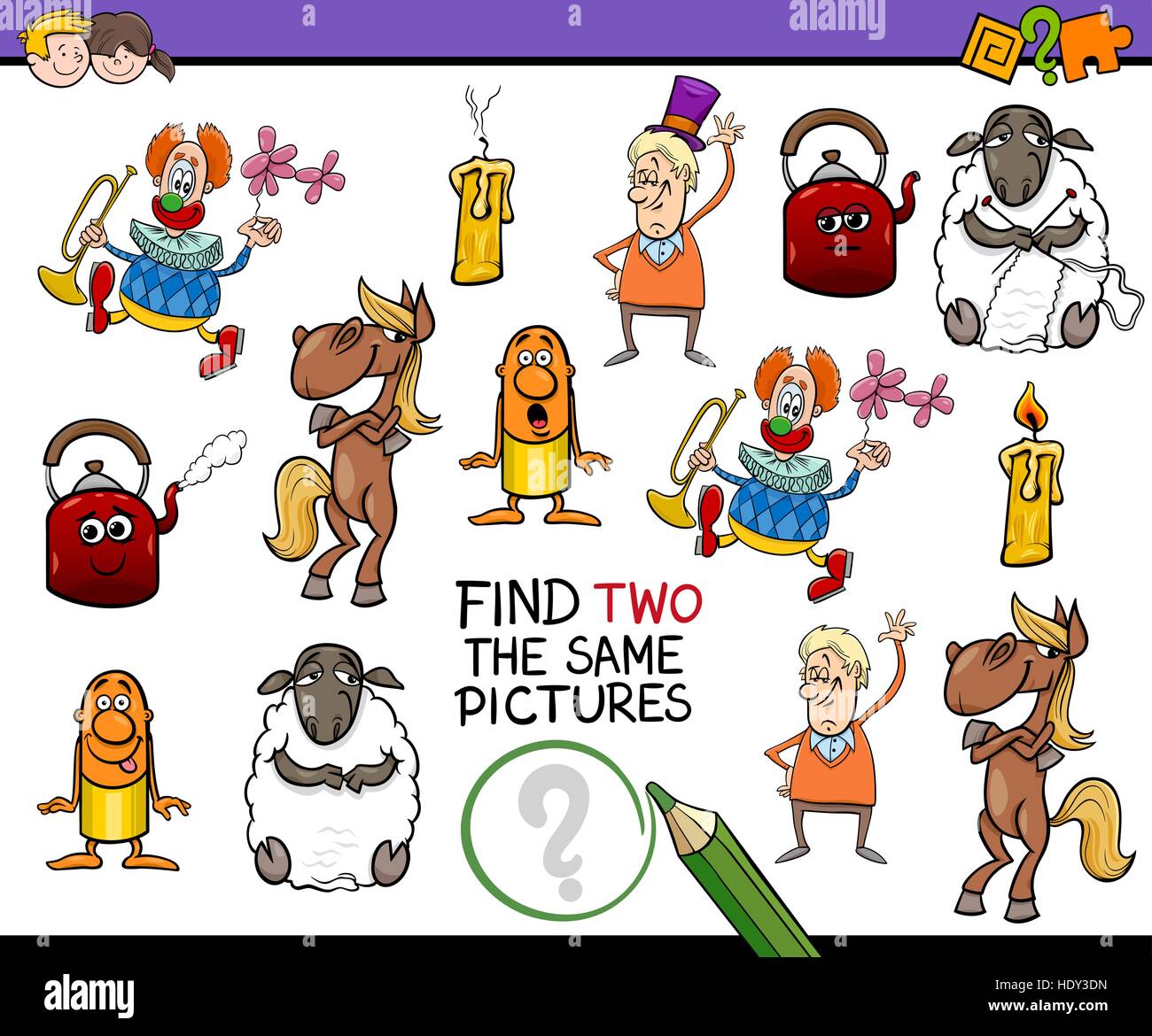 Cartoon Illustration of Find Two Exactly the Same Pictures Educational ...