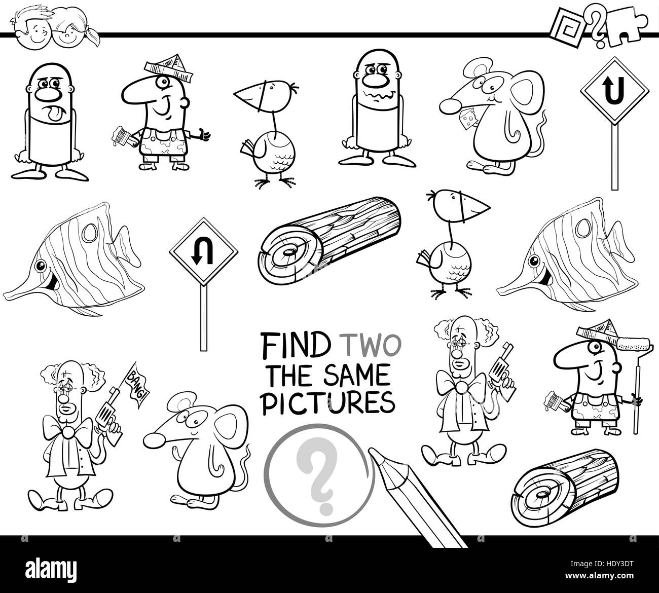 Black and White Cartoon Illustration of Find Identical Pair of Pictures ...