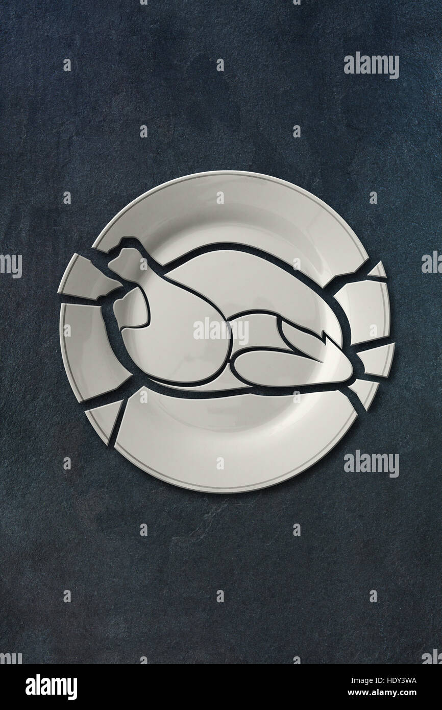 Broken plate in the shape of chicken meat isolated on dark gray slate ...