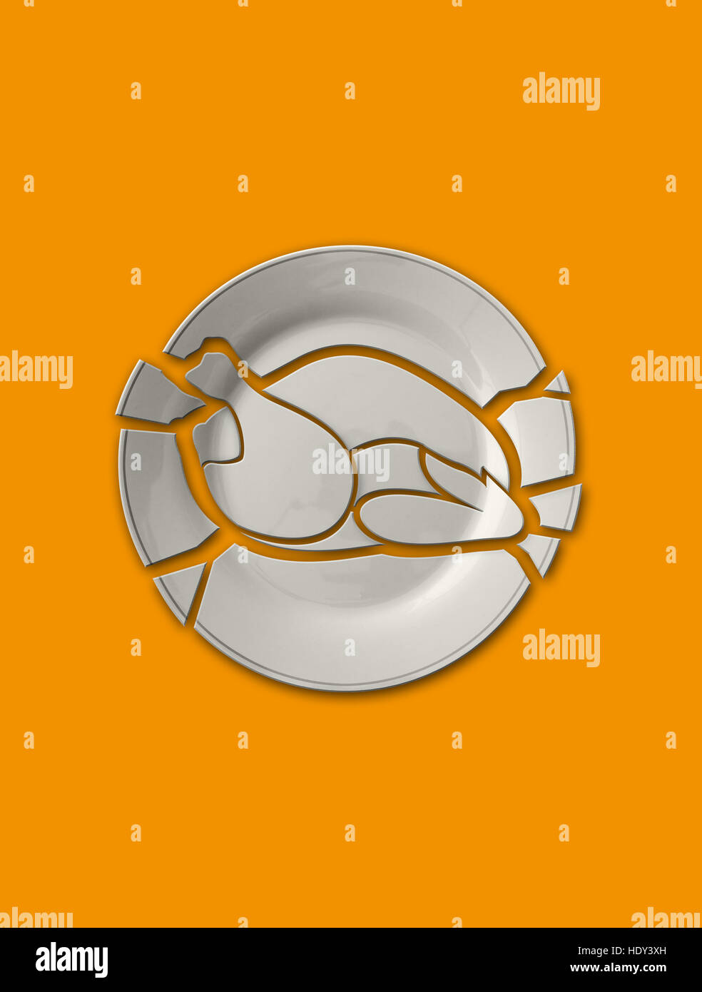 Isolated broken plate in the shape of chicken meat on solid yellow ...