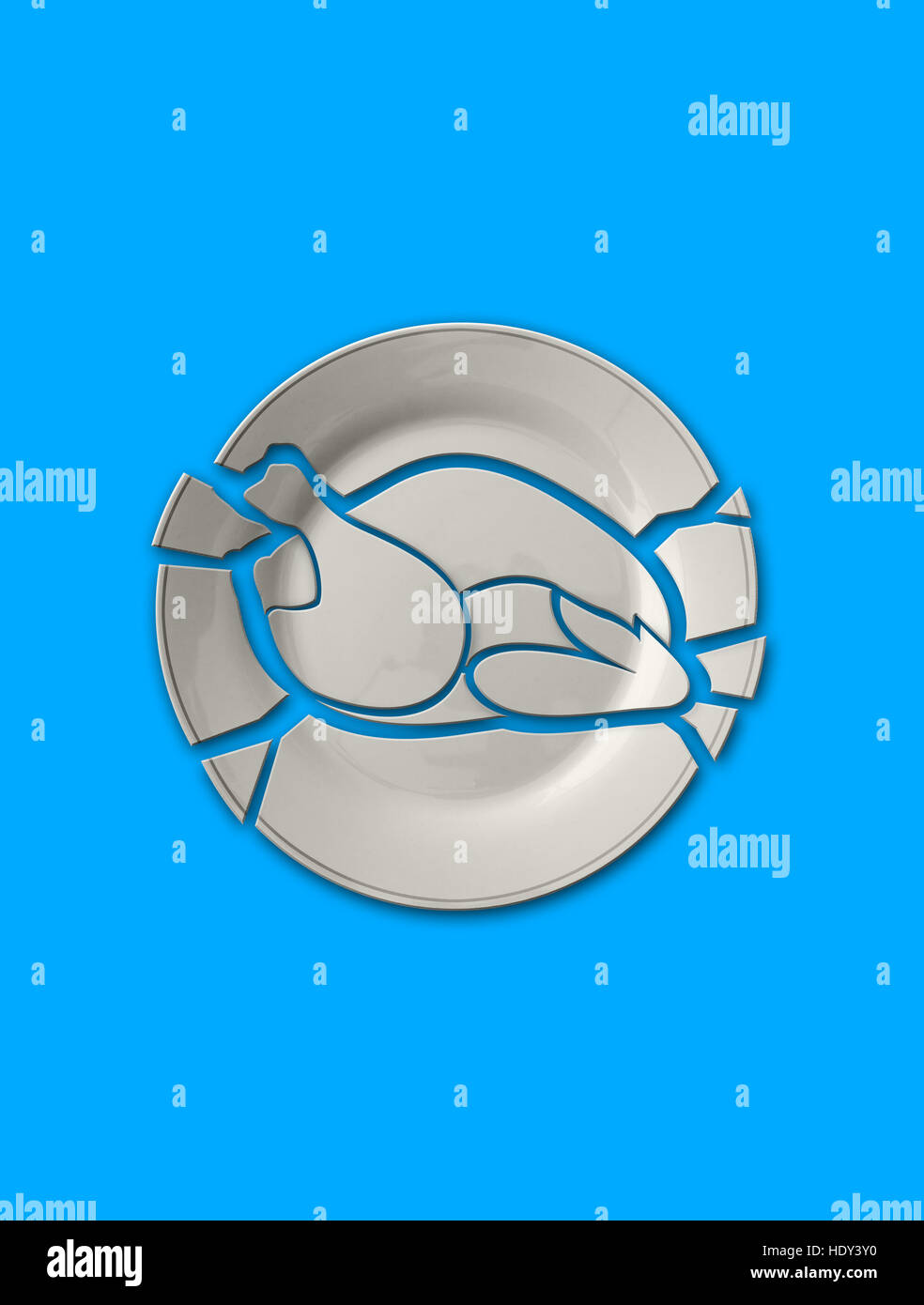 Isolated broken plate in the shape of chicken meat on solid light blue ...