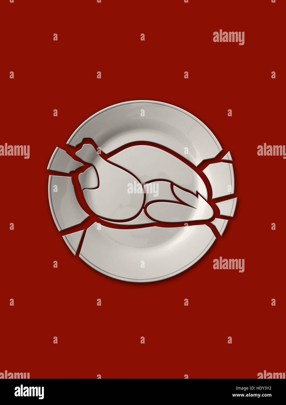 Isolated broken plate in the shape of chicken meat on solid red color ...