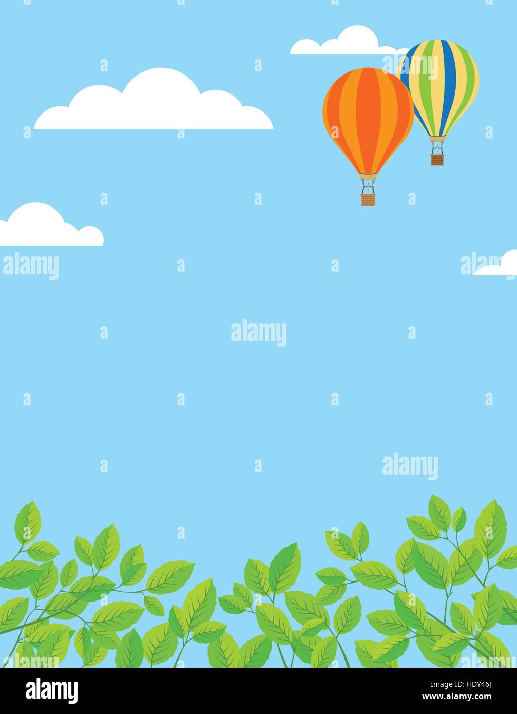Background for springtime, border of leaves at bottom, balloons in blue ...