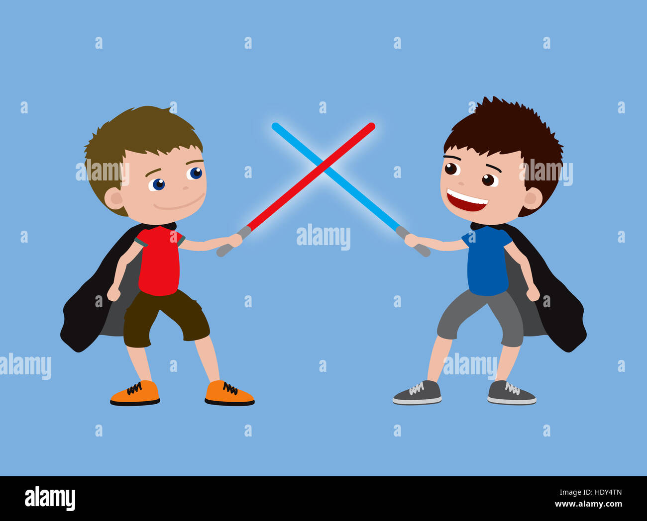 Two little boys playing with toy swords and capes. Cartoon illustration ...