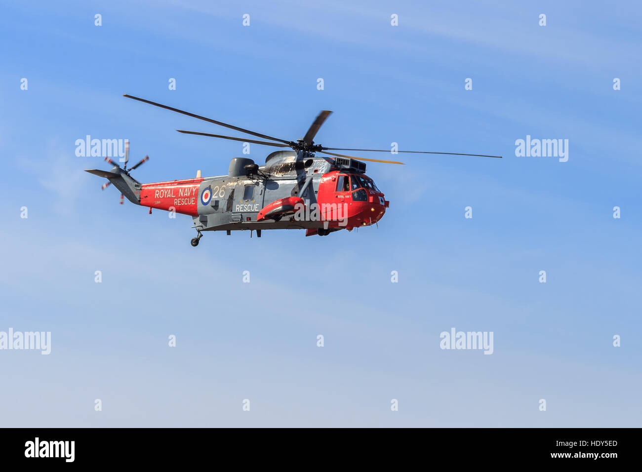 Royal Navy Seaking Search and Rescue helicopter hovering ready to ...
