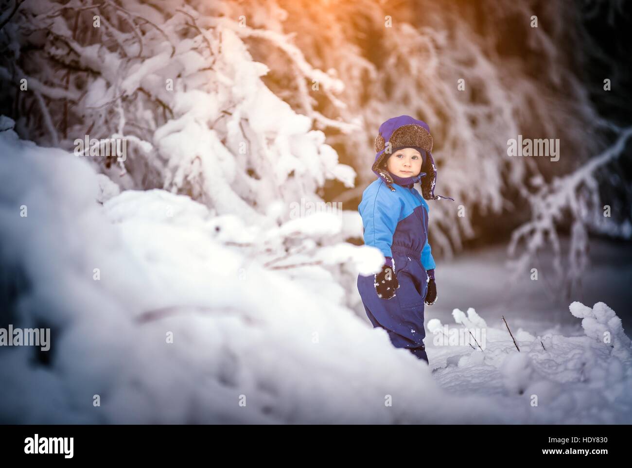 Boy playing in big snow in winter. Happy caucasian child playing in ...