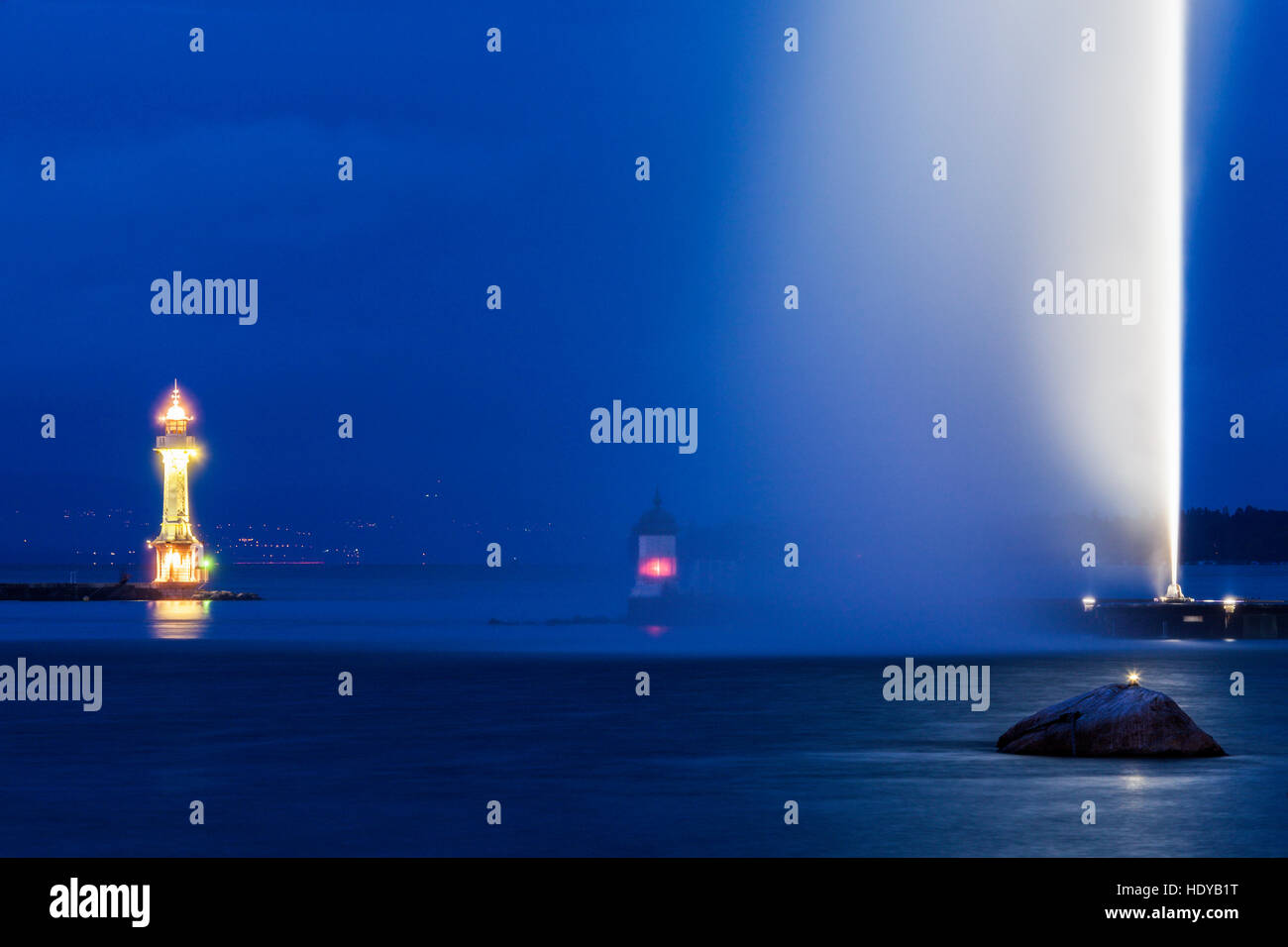 Geneva Lighthouse at night. Geneva, Switzerland Stock Photo - Alamy