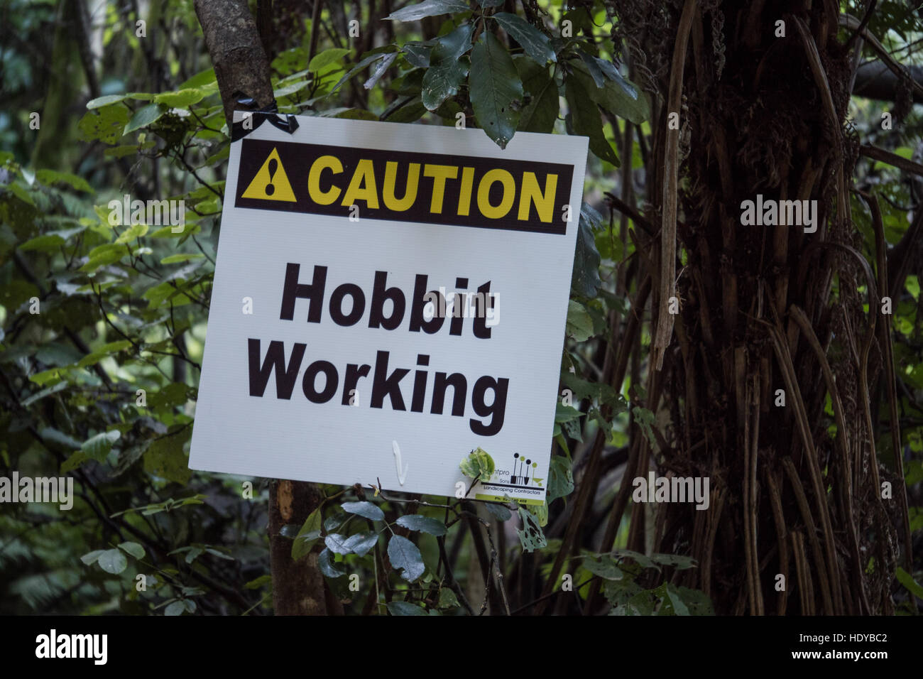 Caution, warning notice depicting Hobbit Working. Coromandel, New ...