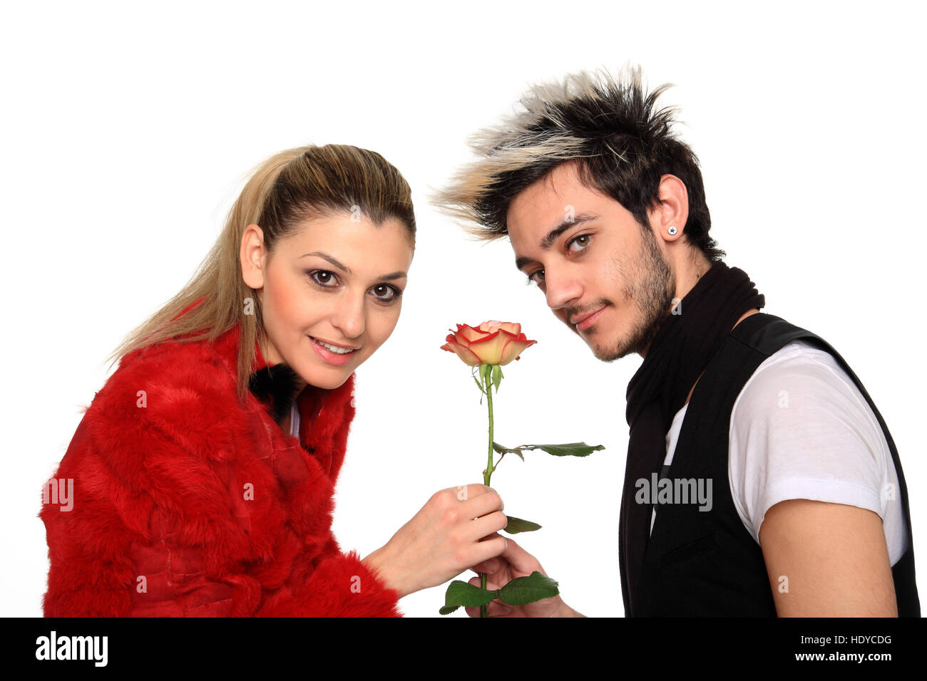 young man and girl with a rose isolated on a white background Stock ...