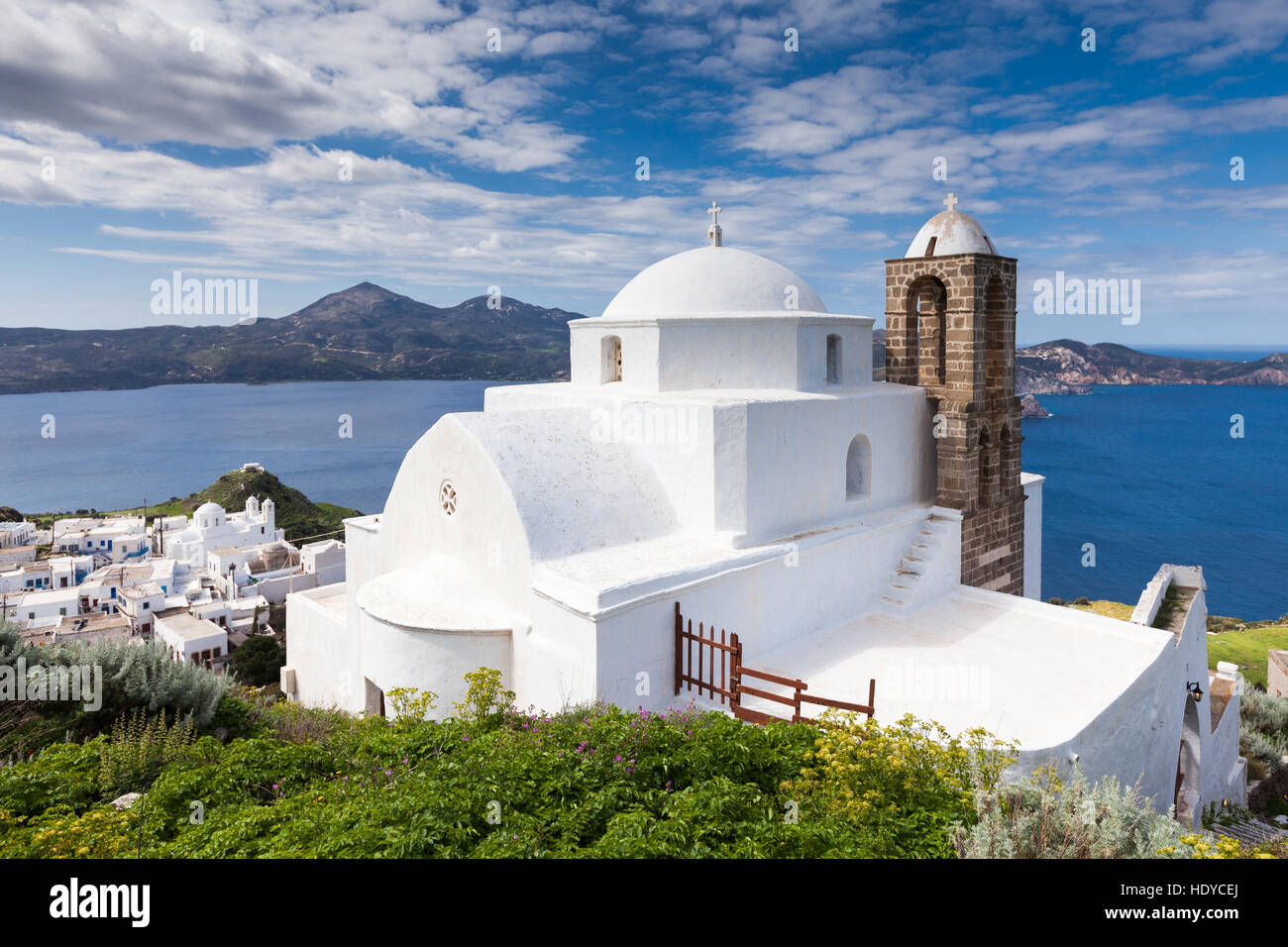 White Greek church above the gulf of Aegean Sea Stock Photo - Alamy