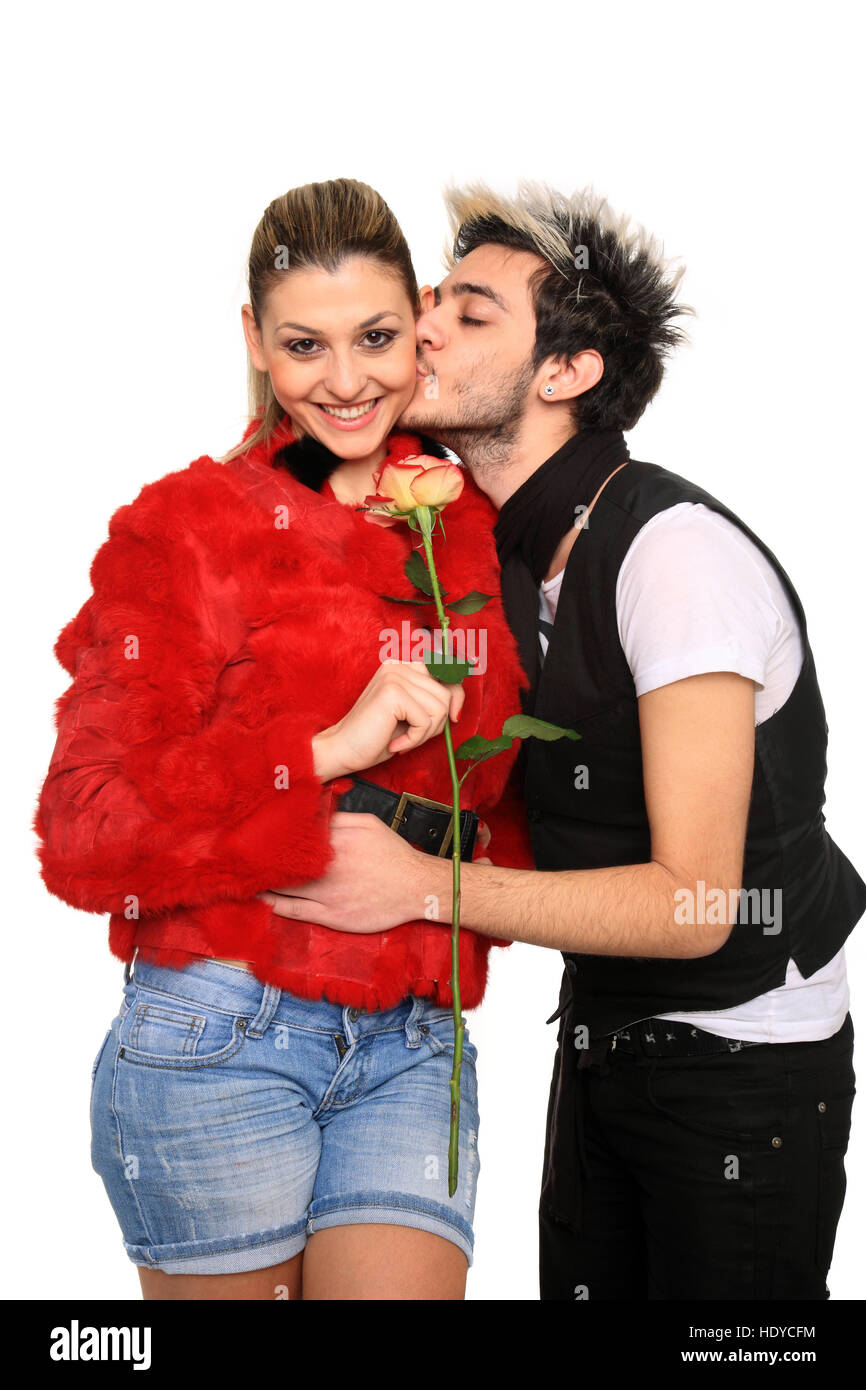 young man and girl with a rose isolated on a white background Stock ...