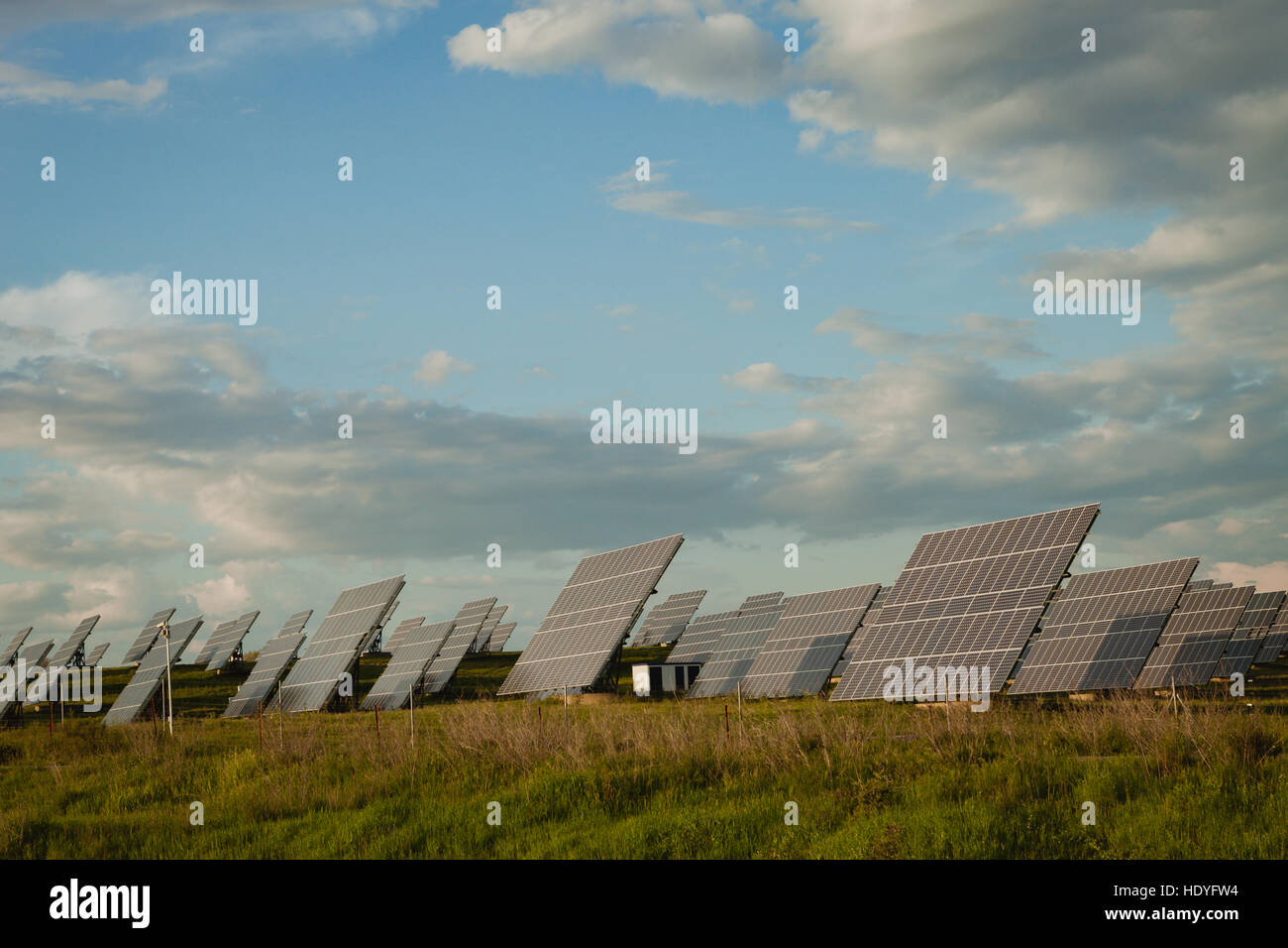 Solar panels in the landscape with a cloudy sky of background Stock ...