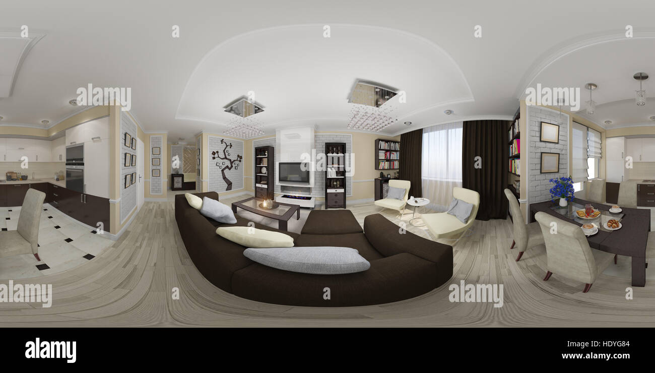 3d illustration spherical 360 degrees, seamless panorama of living room ...