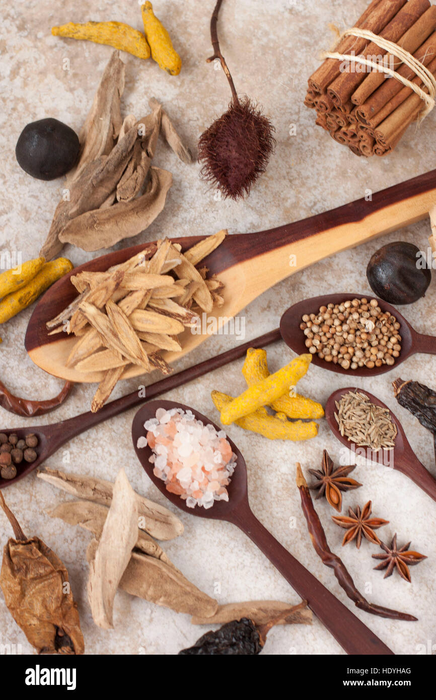 Spices - star anise, chiles, pepper, cinnamon sticks, turmeric and else ...