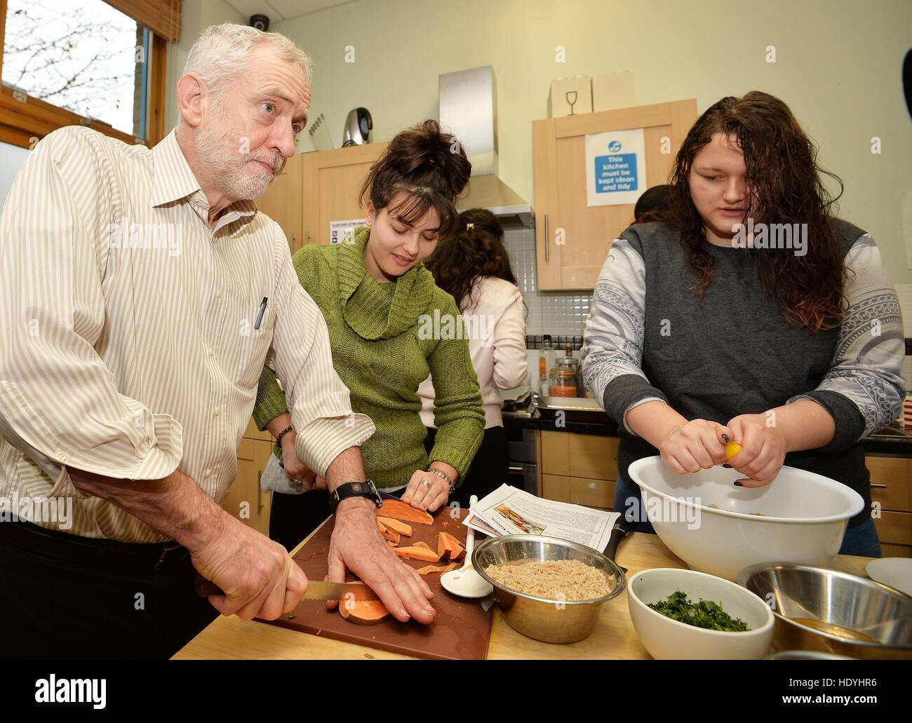 Labour leader Jeremy Corbyn, takes part in a class showing how to make ...