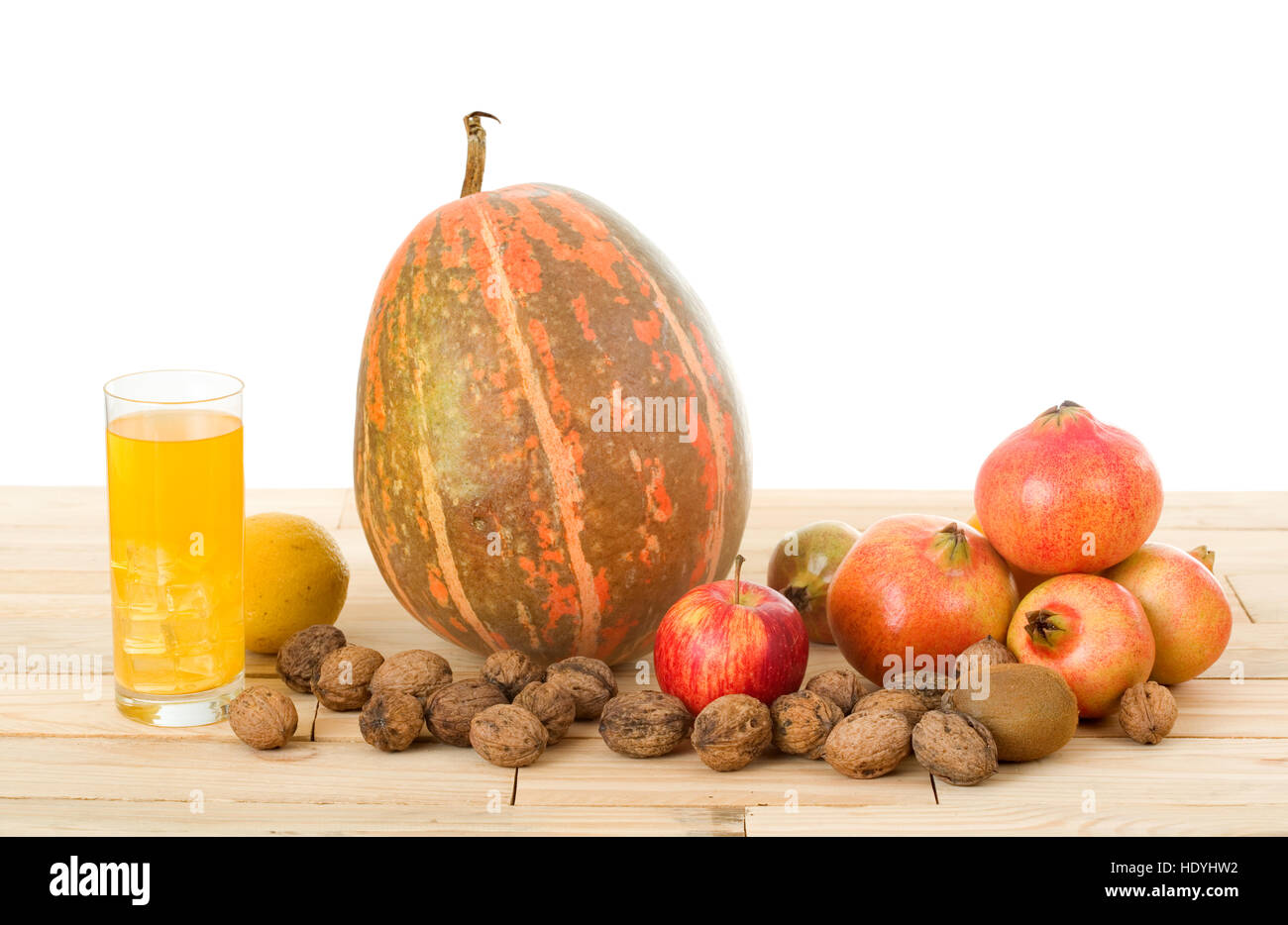 Autumn nature fruits concept. Fall fruits and orange juice, on a white ...
