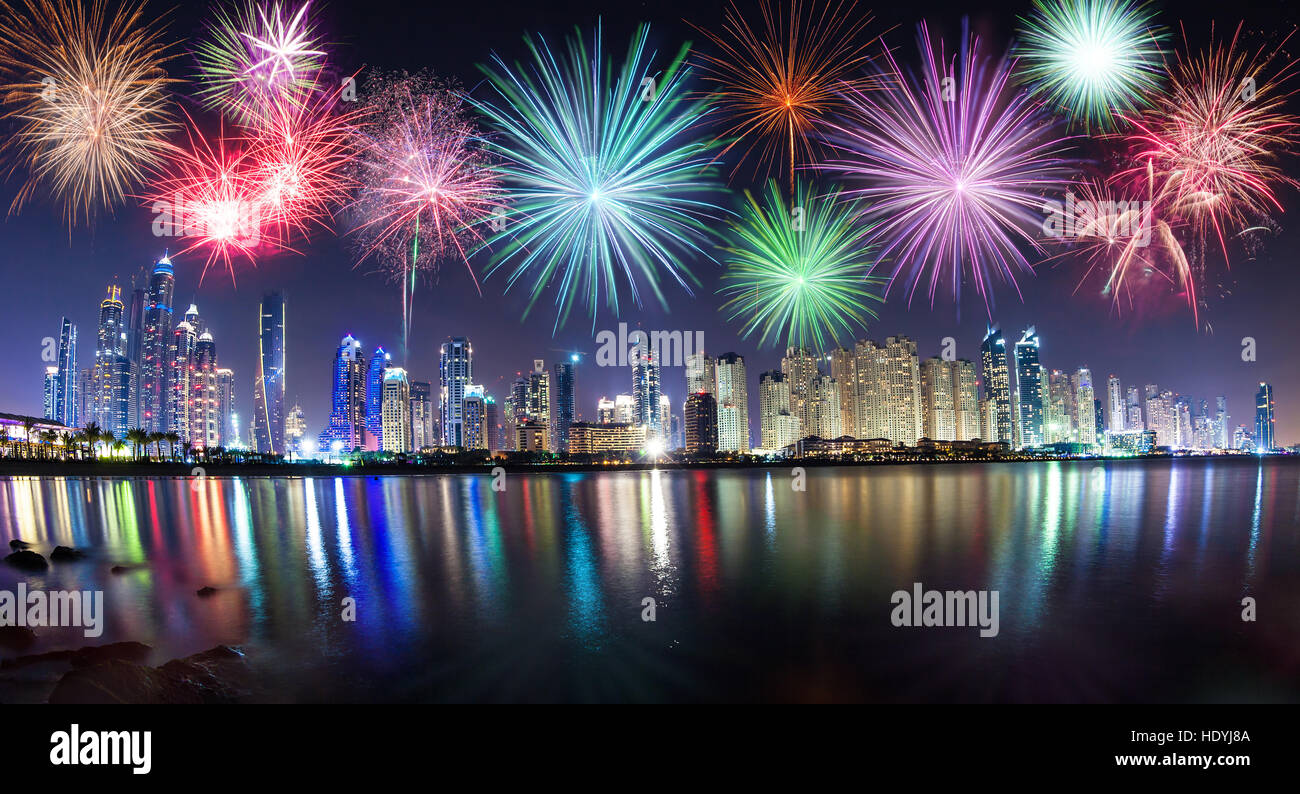 New Year fireworks show in Dubai, UAE, night shot Stock Photo - Alamy