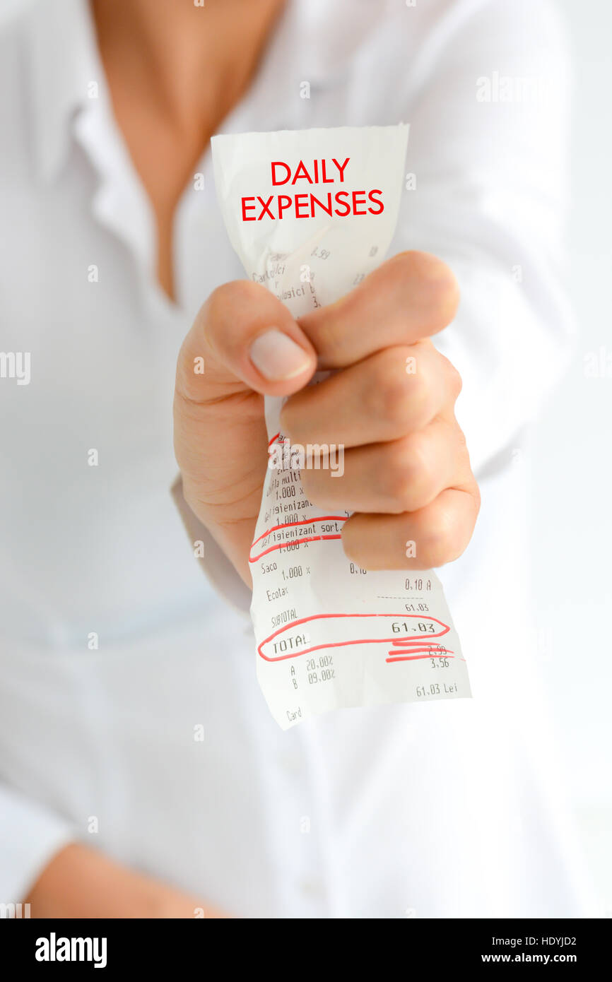 Daily expenses concept with woman tossing a paper fiscal receipt Stock ...