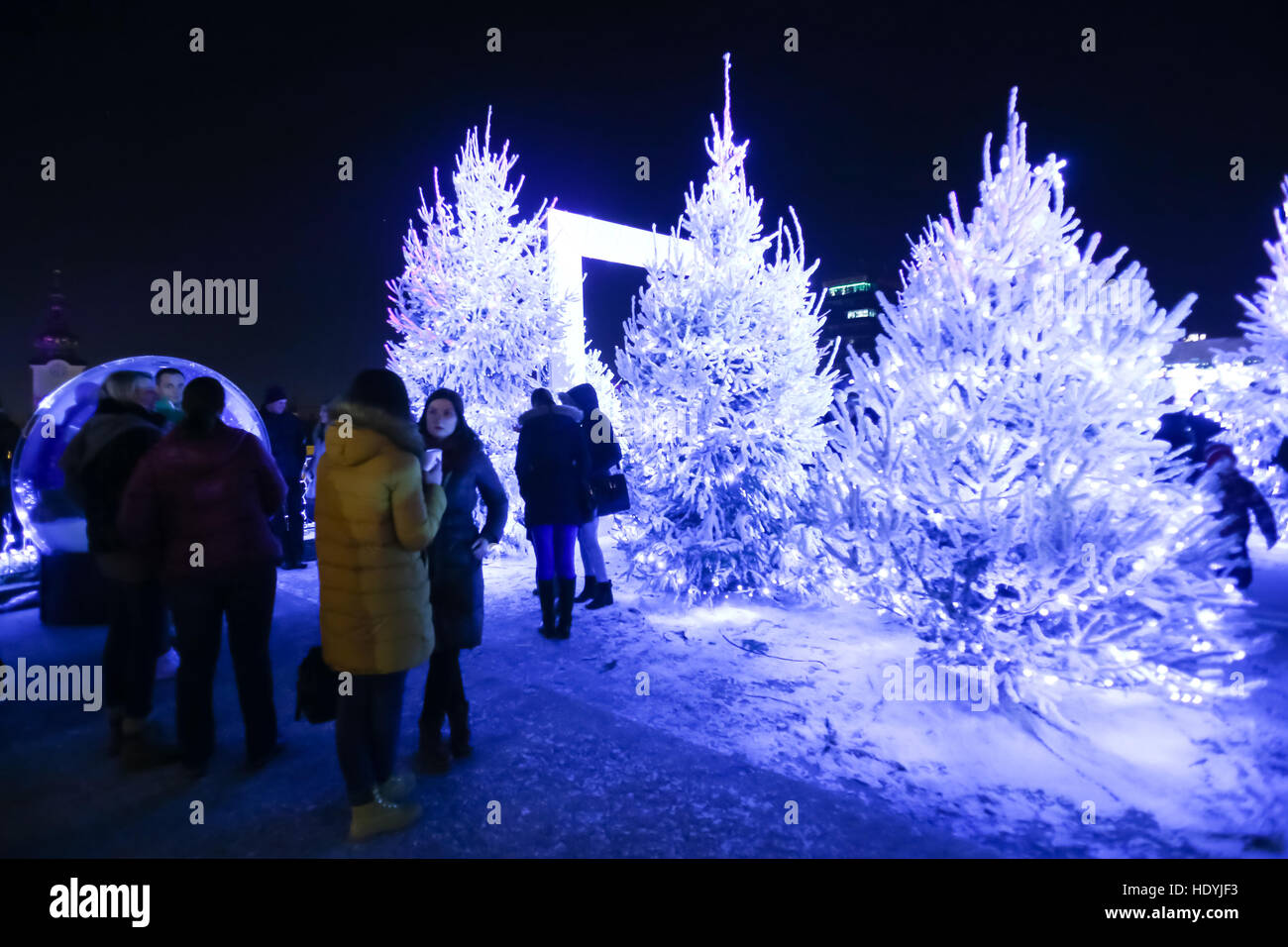 People gathering in the upper old town Gradec in front of the Advent photo frame overlooking the ...