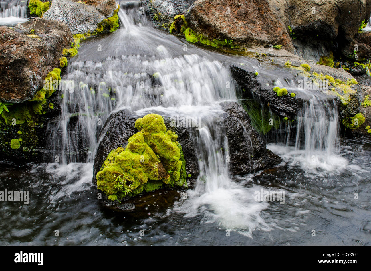 Small stream cascading over rocks in mountains of Kilauea, Kauai ...
