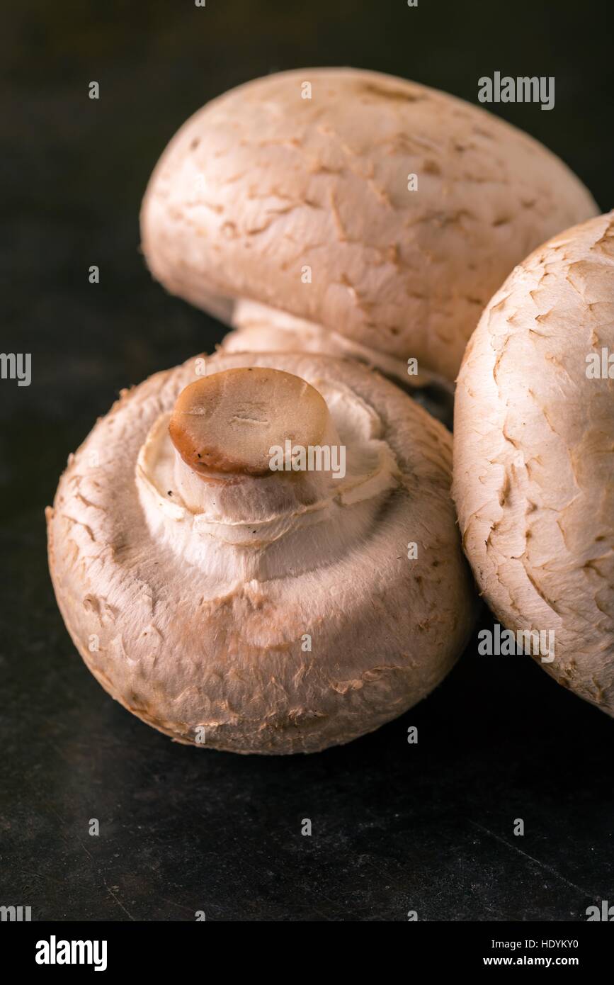 Vertical photo of detail of three harvested champignons. Mushroom ...