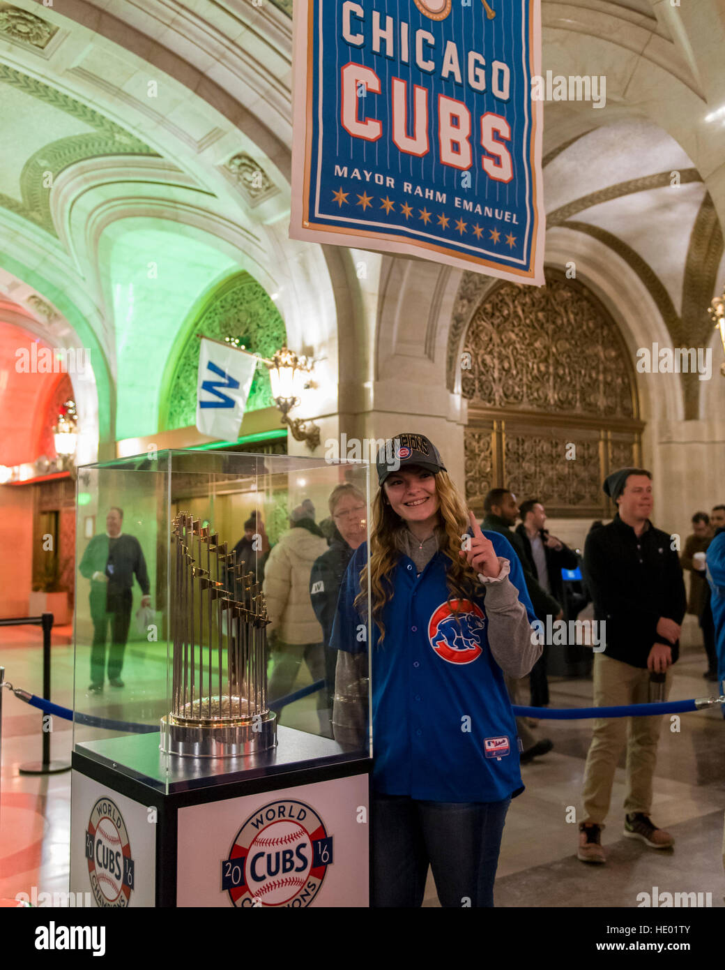 Chicago, USA. 15 December 2016. The World Series Championship Trophy is ...