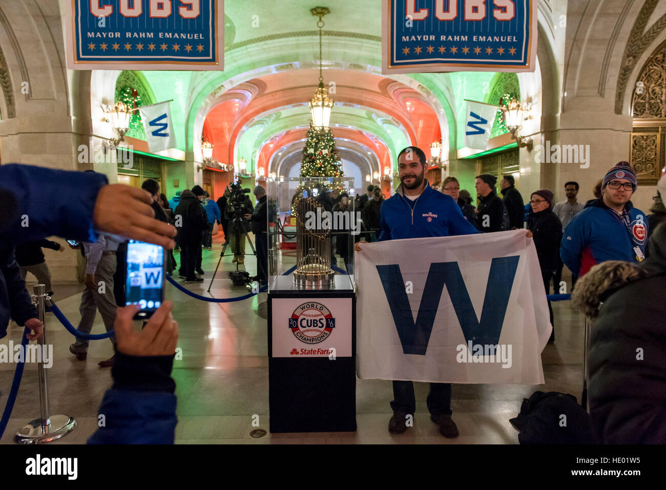 Chicago, USA. 15 December 2016. The World Series Championship Trophy is ...