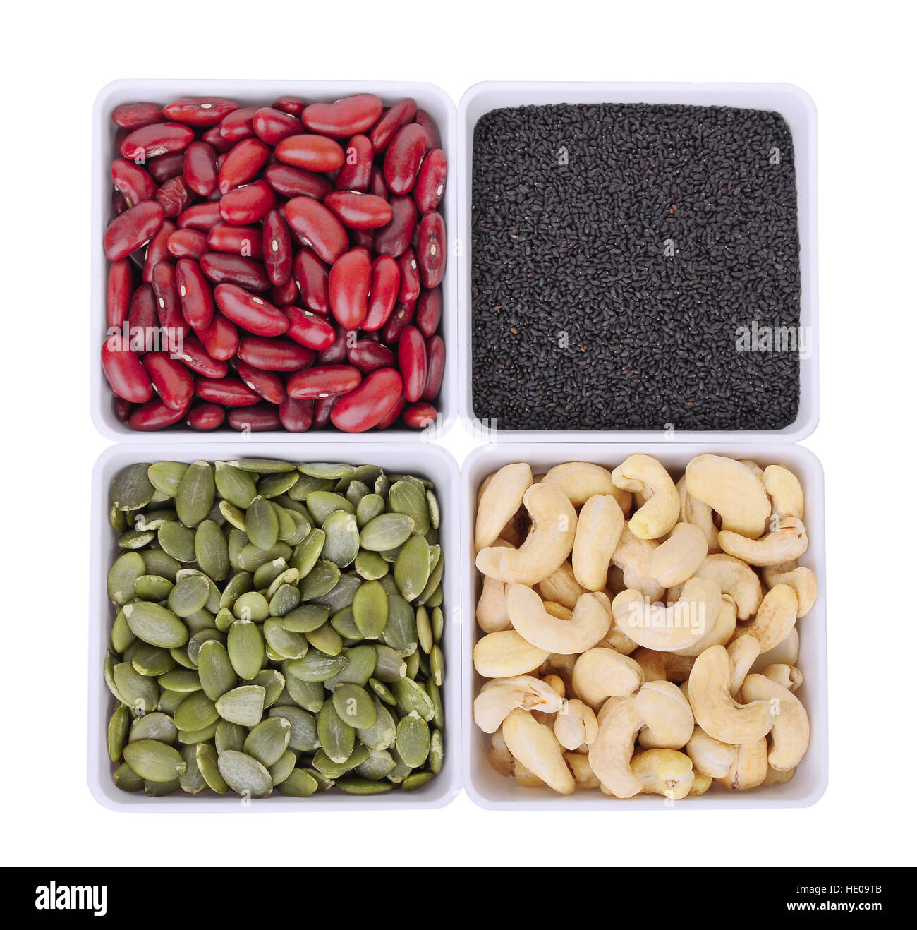 red bean,black sesame,Pumpkin seeds,Cashew nuts in white square bowl ...