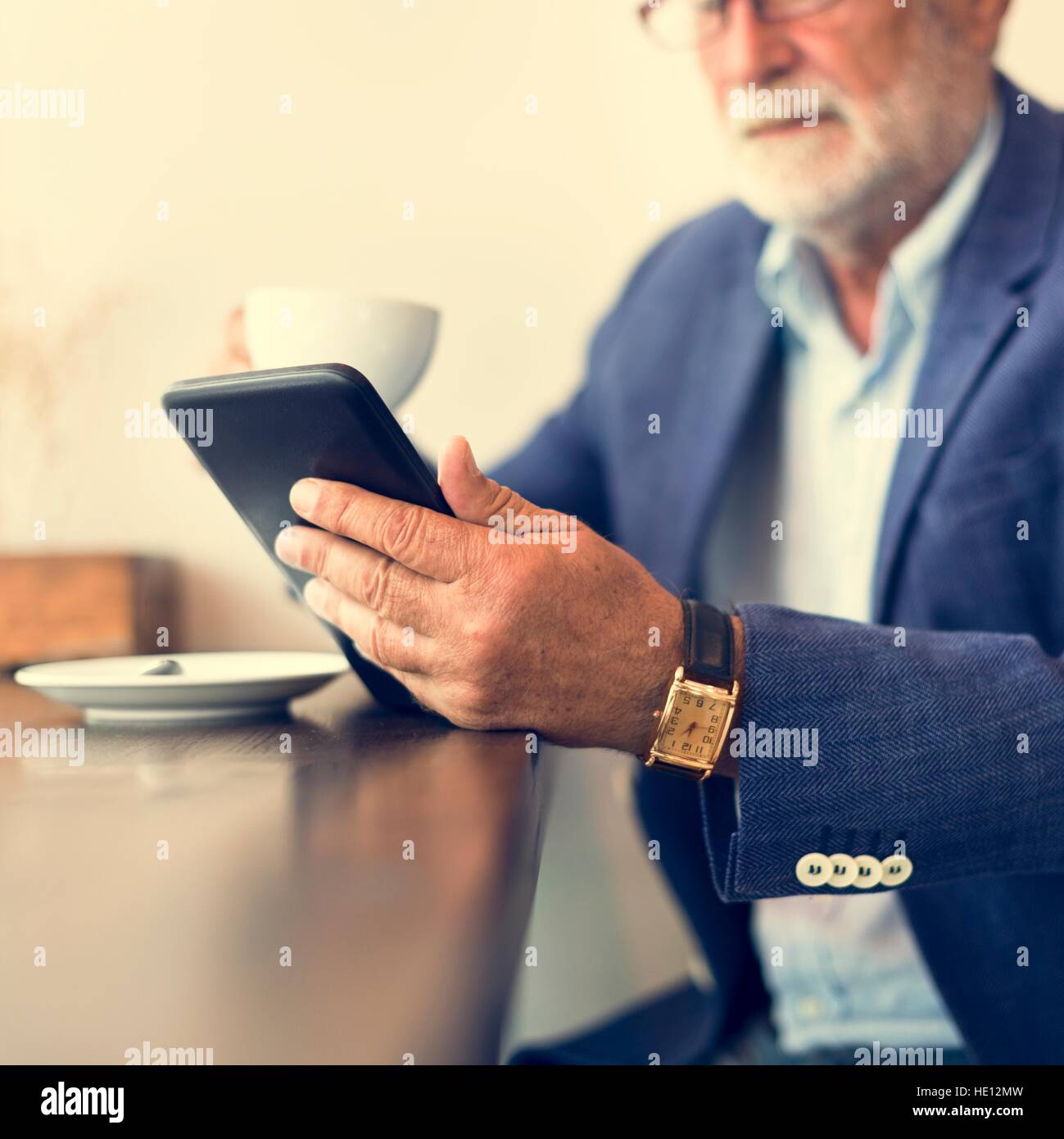 Senior Man Coffee Shop Communication Connection Technology Concept ...