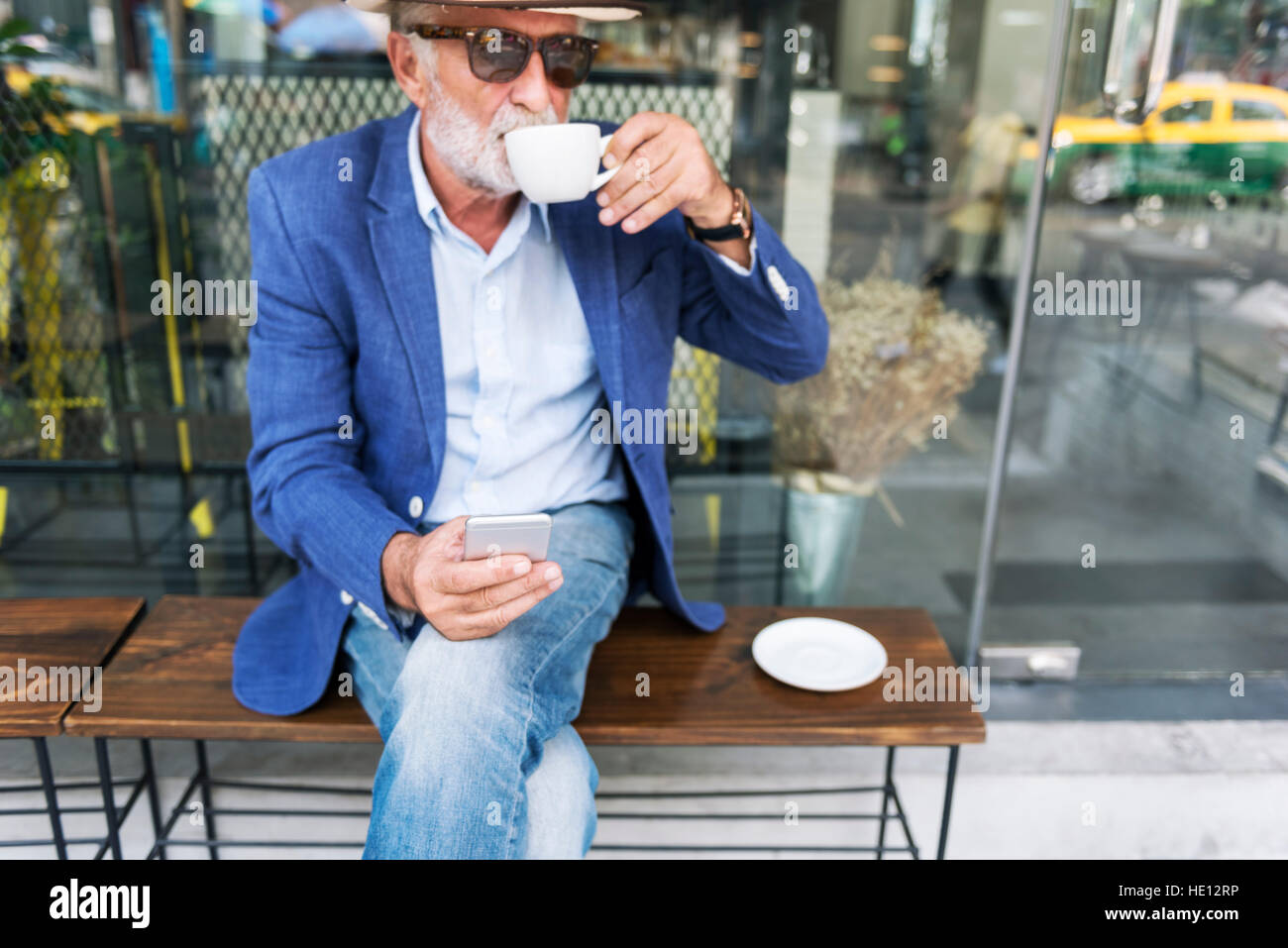 Senior Man Coffee Shop Communication Connection Technology Concept ...