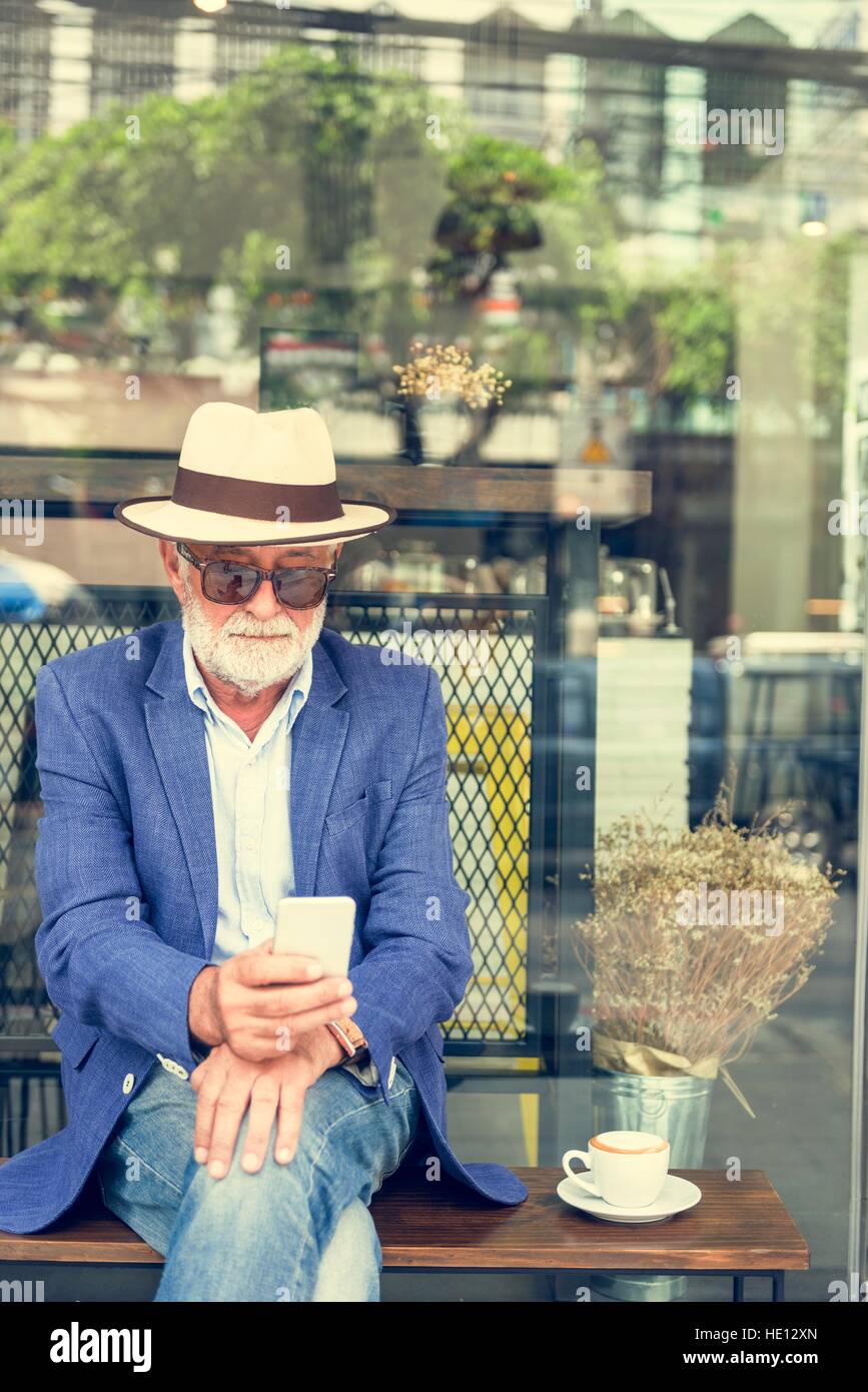 Senior Man Coffee Shop Communication Connection Technology Concept ...