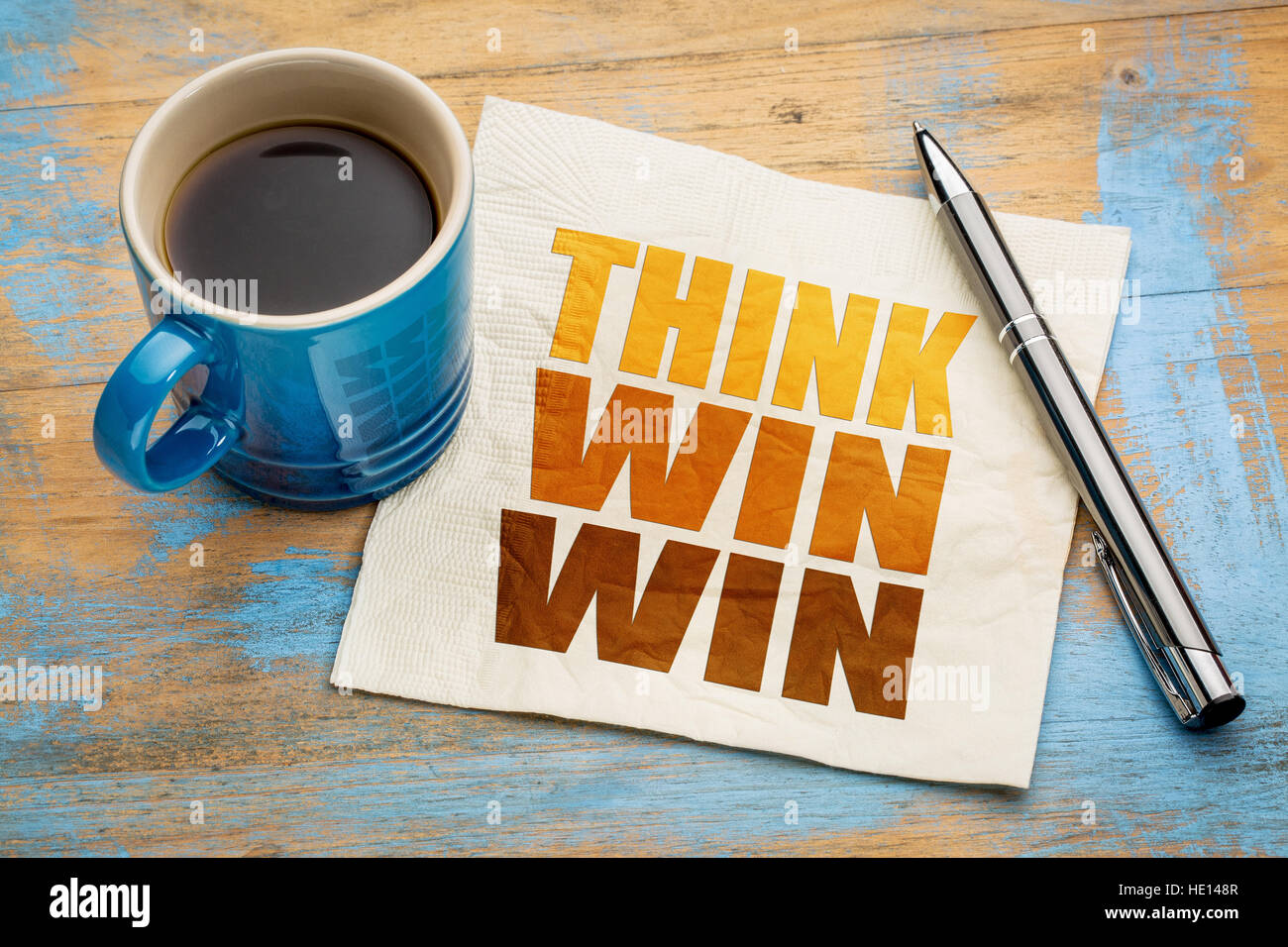 Think win-win concept - word abstract on a napkin with cup of espresso ...