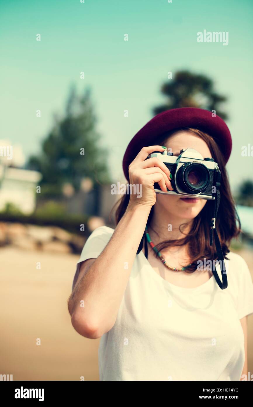 Girl Camera Photographer Focus Shooting Nature Concept Stock Photo - Alamy