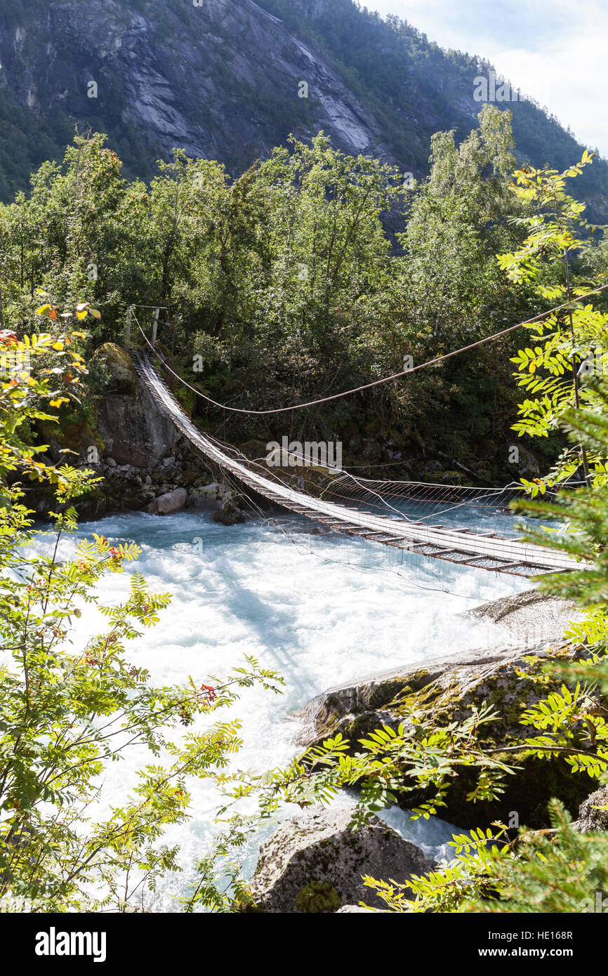 Rope bridge over Jostedøla river, Jostedalen valley, Luster in Sogn og ...