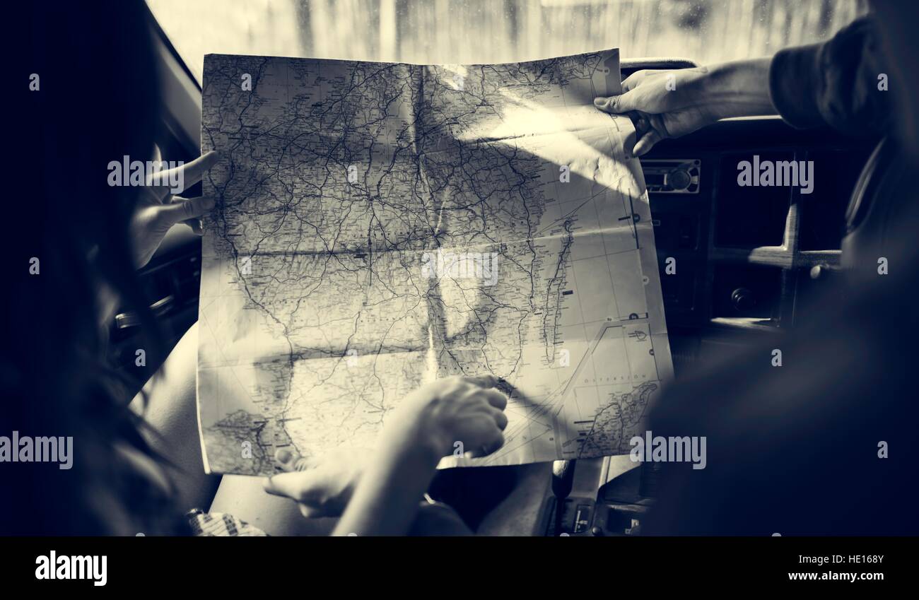 Friends Reading Map Traveling Destination Camping Concept Stock Photo ...