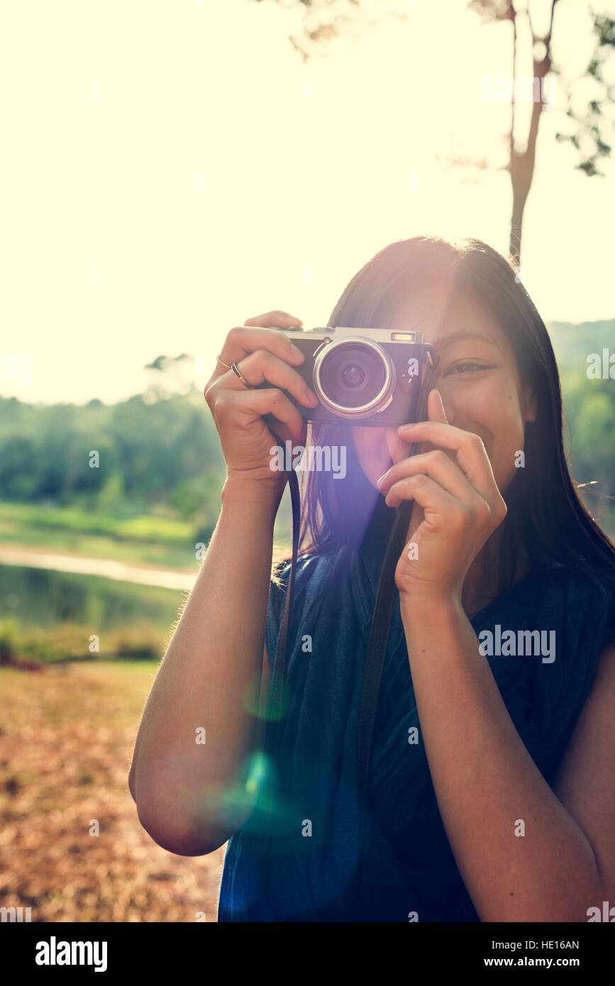 Girl Taking Pictures Outdoors Concept Stock Photo - Alamy