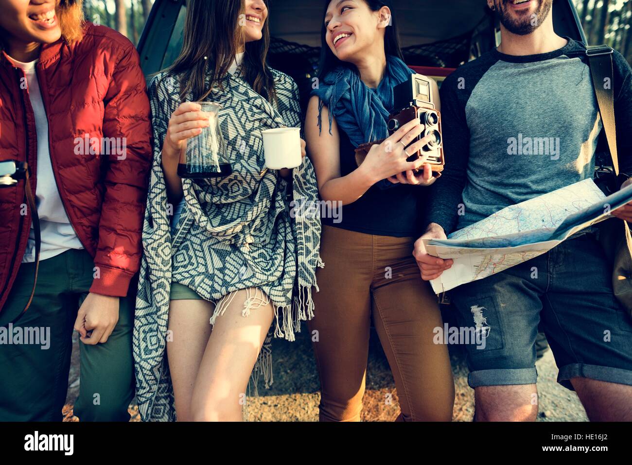 Friends Checking Map Outdoors Concept Stock Photo - Alamy