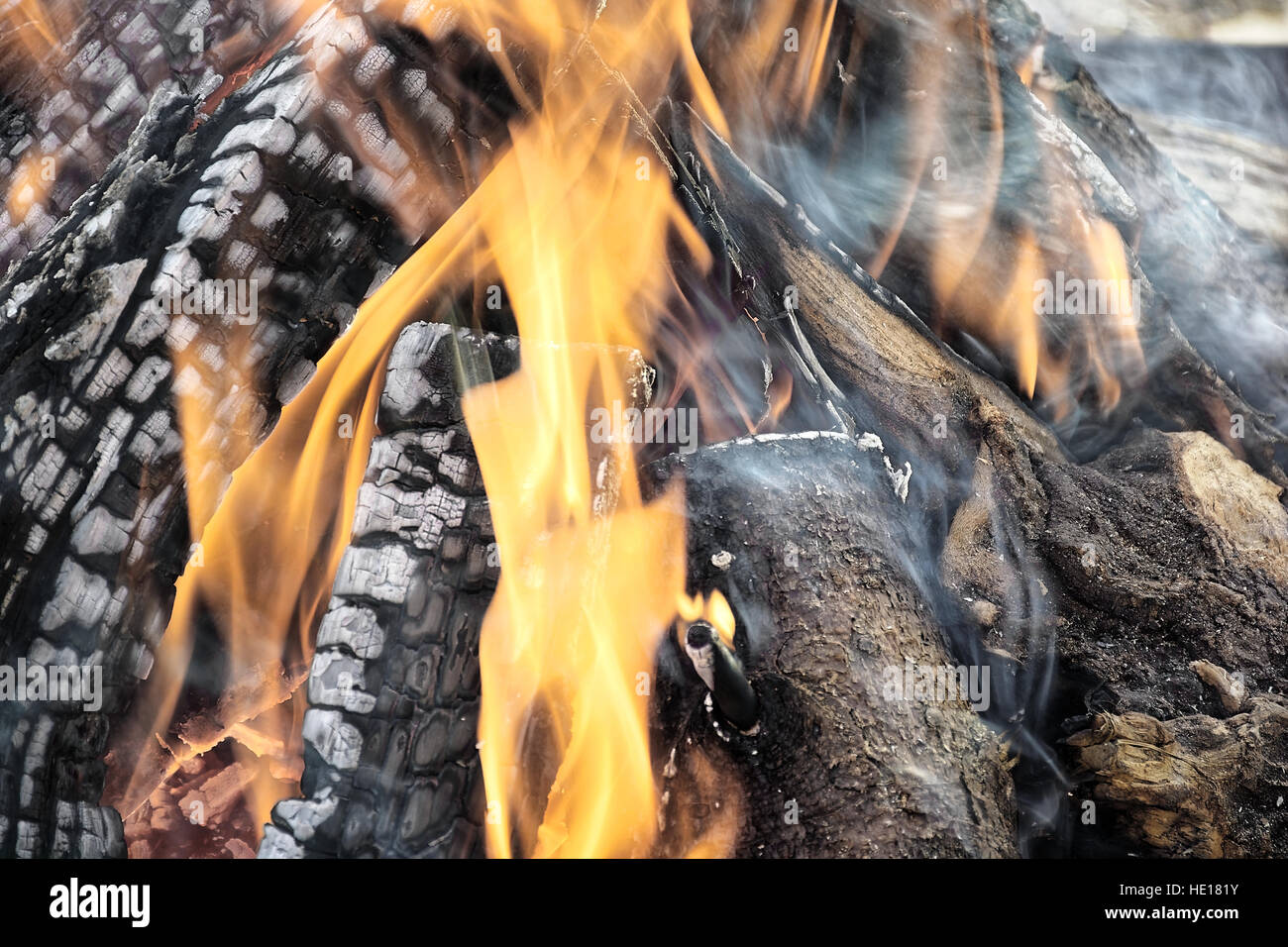 wooden logs burning generating orange flames and white smoke in a stove ...