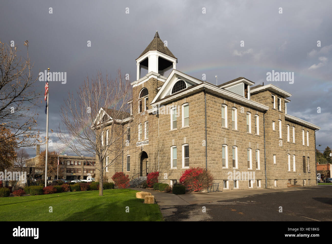 Rainbow over the Wallowa County Courthouse in Enterprise, Oregon Stock ...