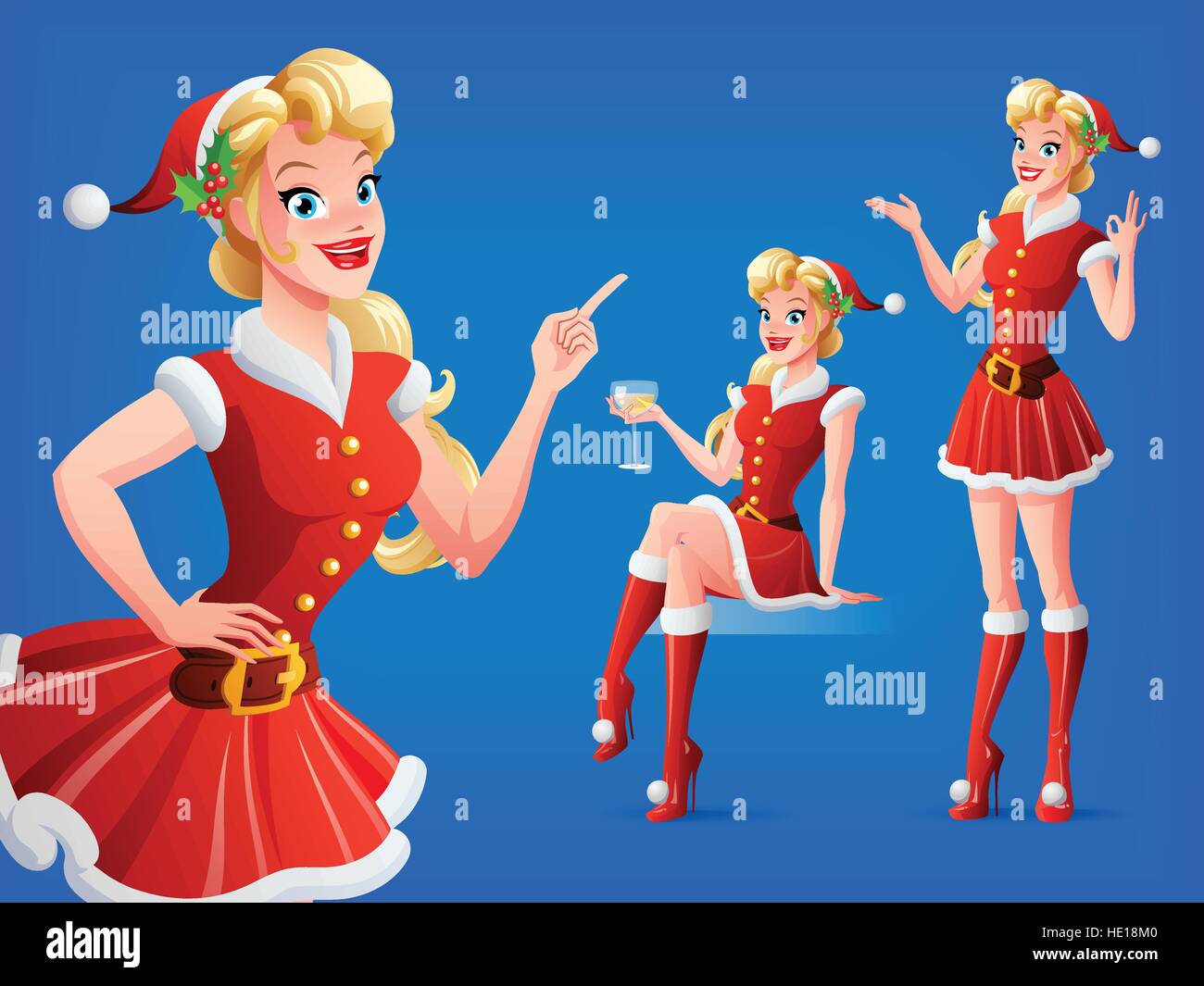 Pretty woman in Santa outfit in various poses. Vector set Stock Vector ...