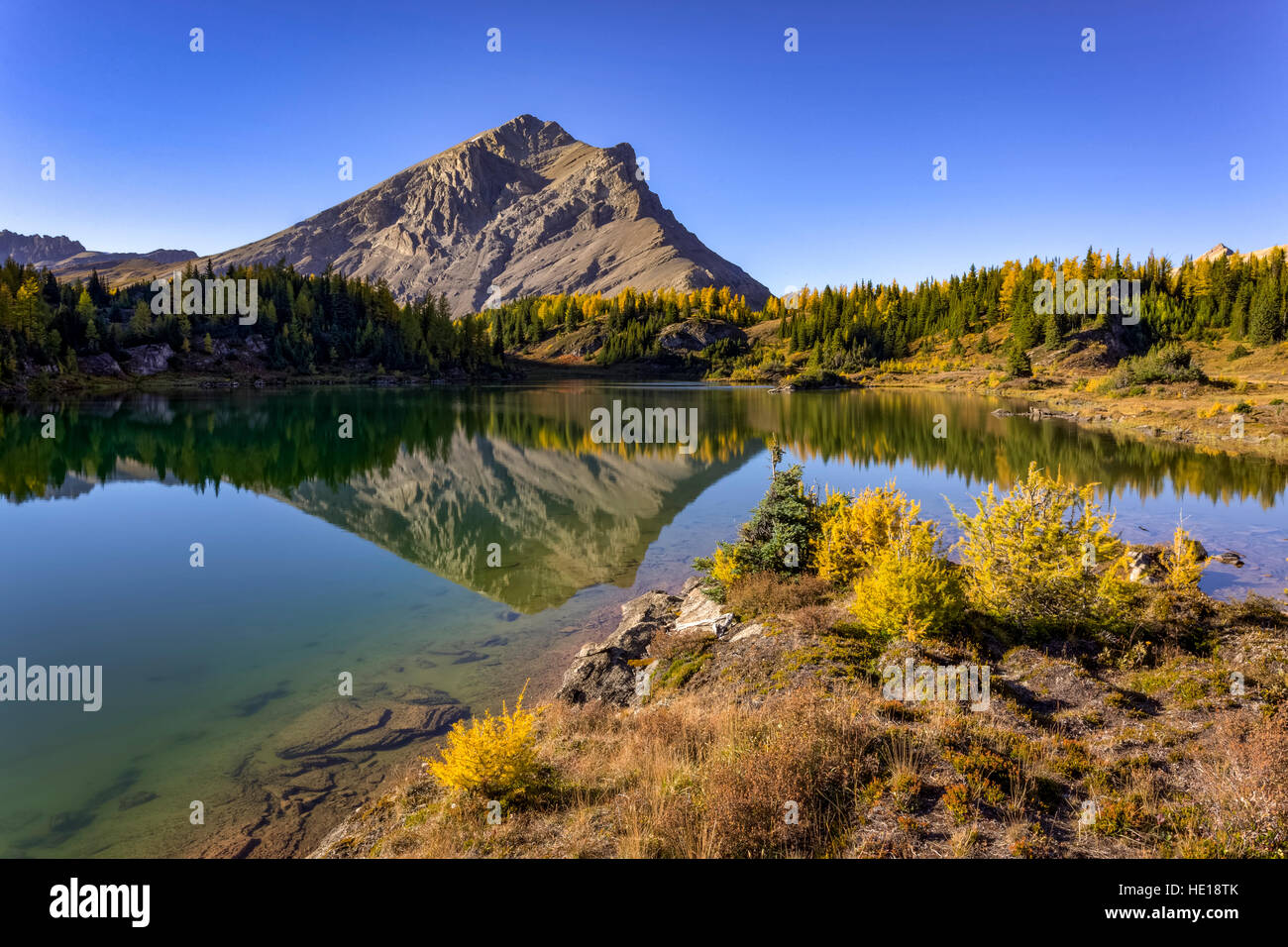 Fossil Mountain rises above Little Baker lake in the Skoki Wilderness ...