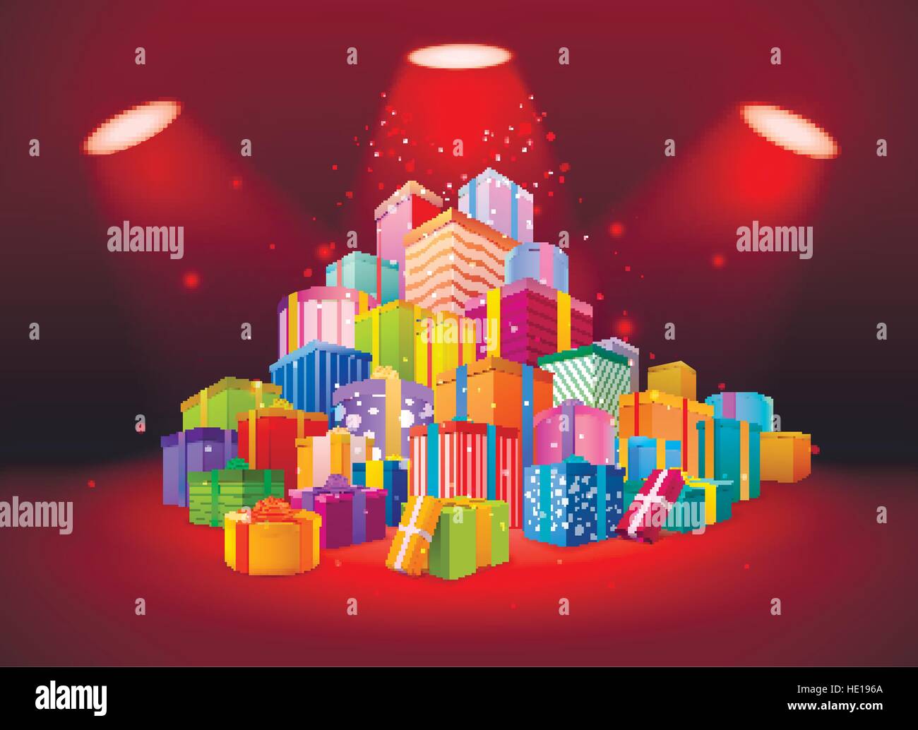 Bright scene with big mountain of presents in the light of spotlights ...