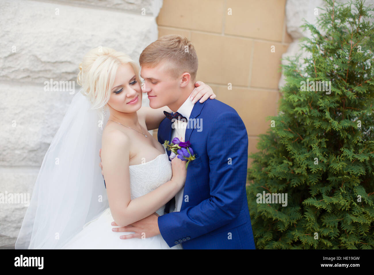 The groom gently hug the bride's shoulders Stock Photo - Alamy