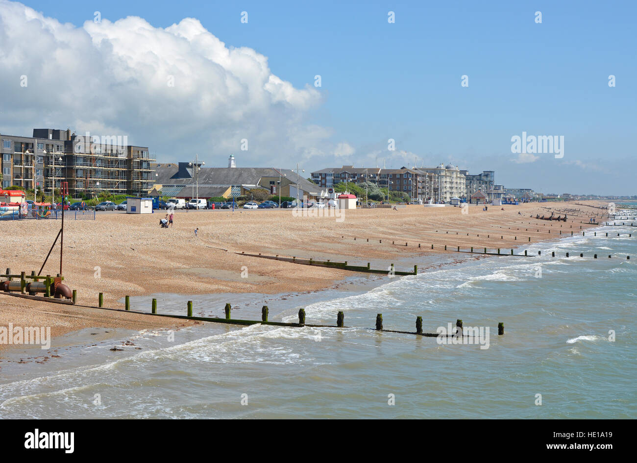 Seafront and shingle beach at Bognor Regis in West Sussex, England ...